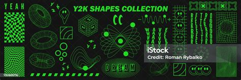 추상적인 기하학 와이어프레임 모양과 패턴 사이버펑크 요소 표지판 및 원근감 격자 초현실적인 기하학적 복고풍 표지판 레이브 사이키델릭 미래 지향적인 Y2k 산성 미학 세트