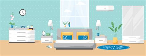 현대적인 침대 방 인테리어 벡터 배너입니다 침대 옷장 가구 창문 콤모드 및 장식 액세서리가있는 아늑한 객실 디자인 가구에 대한 스톡 벡터 아트 및 기타 이미지 Istock