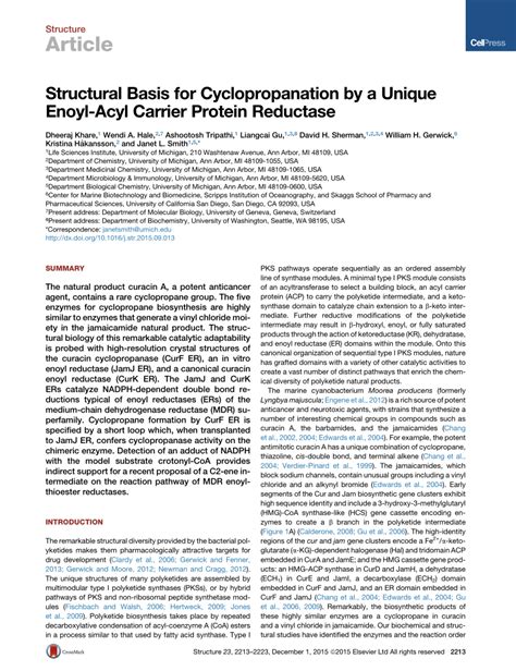 Pdf Structural Basis For Cyclopropanation By A Unique Enoyl Acyl Carrier Protein Reductase