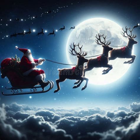 Santa Claus Flies His Sleigh Pulled By Reindeer Through A Starry Night