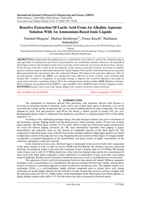 Pdf Reactive Extraction Of Lactic Acid From An Alkaline Aqueous Solution With An Ammonium