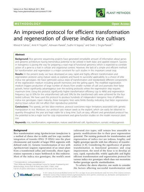Pdf An Improved Protocol For Efficient Transformation And Regeneration Of Diverse Indica Rice