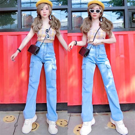 Cc Jeans 233 กางเกงยีนส์ผู้หญิง ทรงกระบอก เอวสูง แต่งกระเป๋าข้างคาโก้ สีอ่อน Aidesing Thaipick