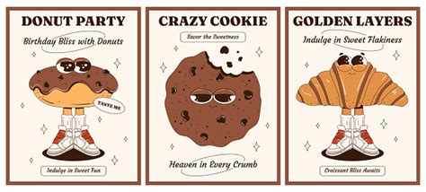 쿠키 크루아상 도넛이 그루비한 스타일의 포스터 세트 패스트리와 과자 전국 디저트의 날 아침 식사로 달콤한 패스트리 눈과 다리를 가진 벡터 재미있는 캐릭터 가공의 인물에 대한