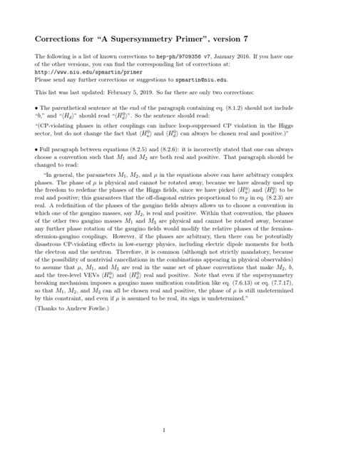 A Supersymmetry Primer 7th Ed Corrections By Martin Pdf Physical
