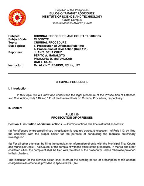4 Cl5 Cpcte 1 Rule 110 111 Republic Of The Philippines Eulogio Amang” Rodriguez Institute Of