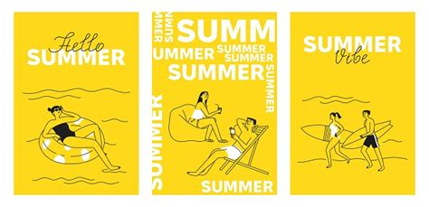 여름 분위기 엽서 여름 분위기의 포스터 세트입니다 휴가 바다 해변에 있는 사람들 벡터 낙서 그림 서핑 수상 스포츠에 대한 스톡 벡터 아트 및 기타 이미지 Istock