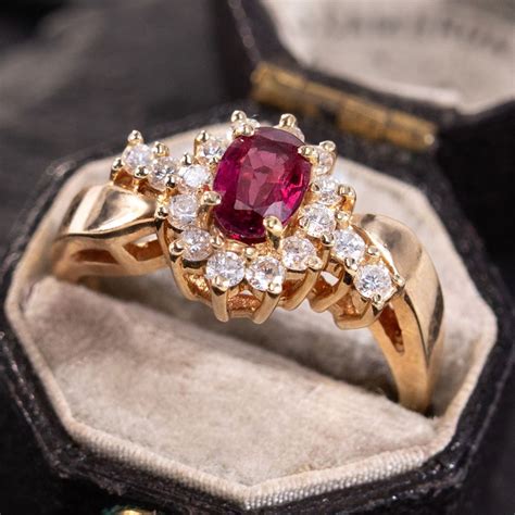 Oval Ruby Ring W Diamond Halo 14k Yellow Gold