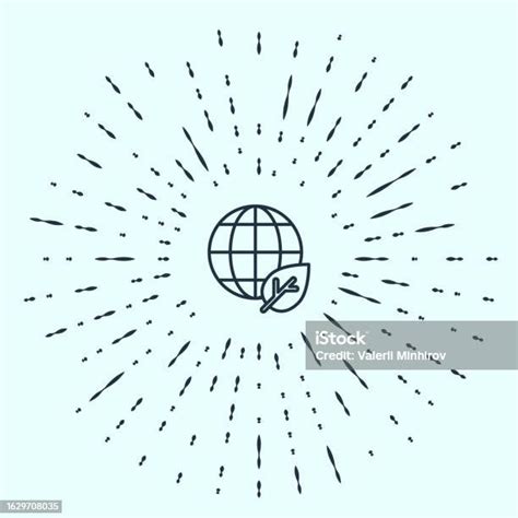 검은 선 지구 지구본과 나뭇잎 아이콘은 회색 배경에 분리되어 있다 세계 또는 지구 기호입니다 기하학적 모양 환경 개념입니다 추상적인 원 임의의 점들 벡터 0명에 대한 스톡