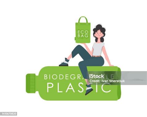 한 여성이 생분해 성 플라스틱으로 만든 병에 앉아 Eco Bag를 손에 쥐고 있습니다 녹색 세계와 생태학의 개념 흰색 배경에 고립되어 있습니다 벡터의 패션 트렌드