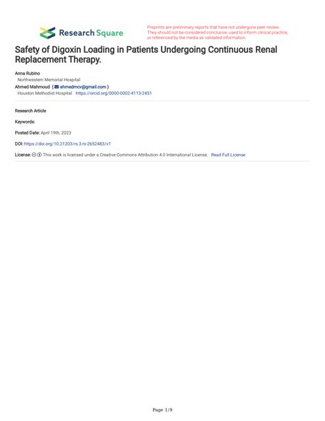 Pdf Safety Of Digoxin Loading In Patients Undergoing Continuous Renal Replacement Therapy