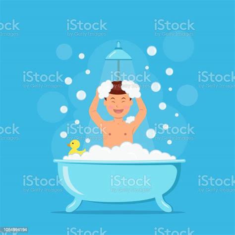 해피 소년 복용 샤워입니다 어린이 목욕 비누 거품과 파란색 배경에 오리 평면 스타일에서 벡터 일러스트 레이 션 십대 소년에 대한 스톡 벡터 아트 및 기타 이미지 Istock