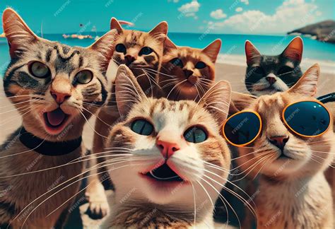 Premium Photo A Group Of Funny Cats On Vacation Take A Selfie High