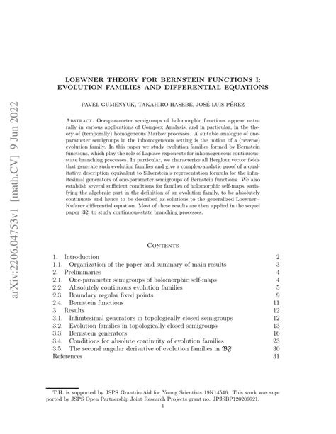 Pdf Loewner Theory For Bernstein Functions I Evolution Families And