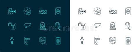 Set Line Contract With Shield Fingerprint Door Lock Ringing Alarm Bell Shield Check Mark