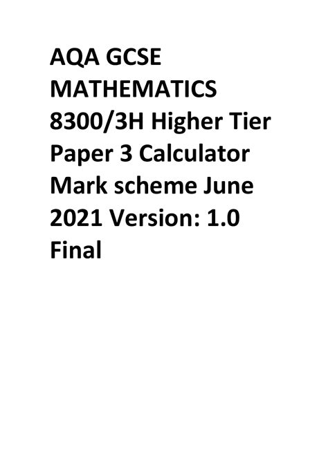 Aqa Gcse Mathematics 8300 3h Higher Tier Paper 3 Calculator Mark Scheme June 2021 Version 1 0