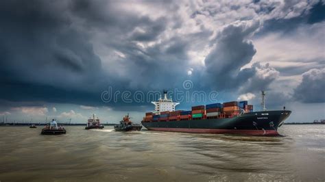 A Tugs Boat Assist Container Vessel To Be Berthing At Industrail Port Generative Ai Stock