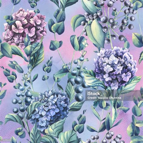 파란색 라일락 분홍색 꽃의 수국 꽃과 유칼립투스 가지가 배경에 있습니다 수채화 그림입니다 웨딩 플라워 컬렉션의 매끄러운 패턴 장식 디자인용 수국에 대한 스톡 벡터 아트 및