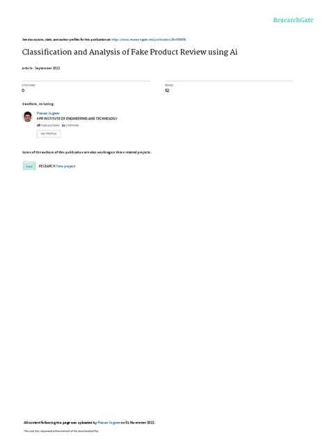 Classification And Analysis Of Fake Product Review Using Ai Pdf