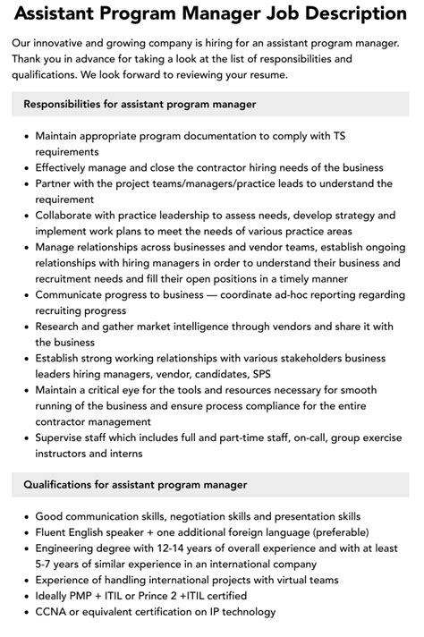 Assistant Program Manager Job Description Velvet Jobs
