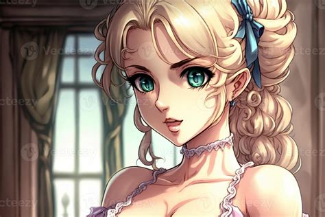 Portrait Of A Beautiful Anime Blond Girl With Green Eyes In His Room