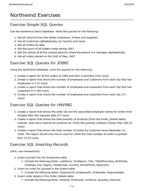 Northwind Exercises Pdf Data Management Software Computing