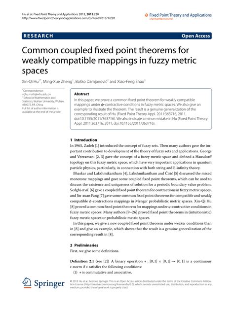Pdf Common Coupled Fixed Point Theorems For Weakly Compatible Mappings In Fuzzy Metric Spaces