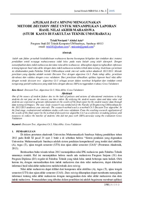 Pdf Aplikasi Data Mining Menggunakan Metode Decision Tree Untuk Menampilkan Laporan Hasil