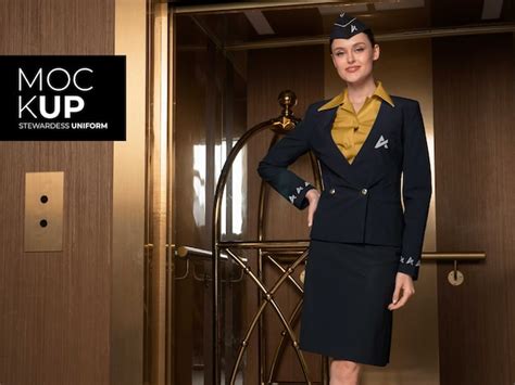 유니폼을 입고 포즈를 취하는 전면보기 스튜어디스 프리미엄 Psd 파일