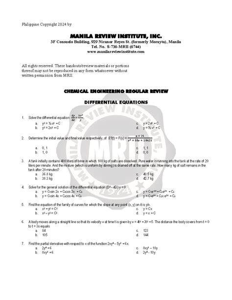 Differential Equations Handout Philippine Copyright By MANILA REVIEW INSTITUTE INC F