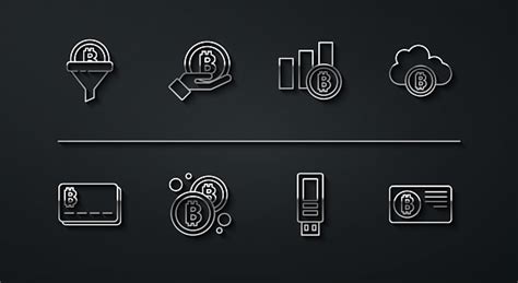 비트 코인 신용 카드 암호 화폐 클라우드 마이닝 Usb 플래시 드라이브 비트 코인 손 잡고 및 원형 차트 인포 그래픽 아이콘으로 라인 판매 깔때기를 설정합니다 벡터 Usb