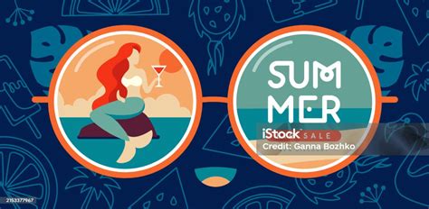 둥근 선글라스 실루엣 인어와 칵테일을 가진 복고풍 평면 여름 큰 판매 포스터 벡터 일러스트 레이 션 계절에 대한 스톡 벡터 아트 및 기타 이미지 Istock