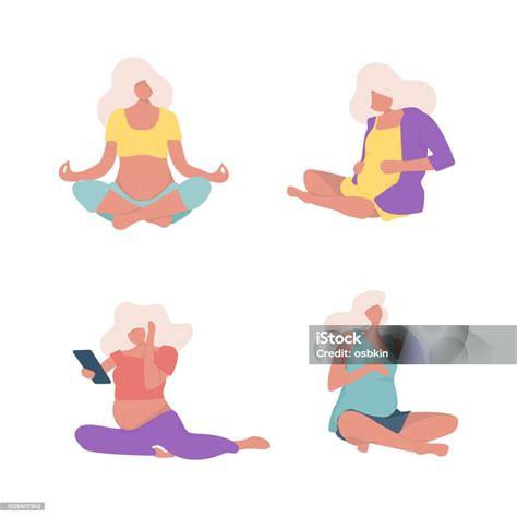 벡터 일러스트입니다 현대 평면 스타일에 앉아있는 임신한 여자 캐릭터의 집합입니다 귀여운에 대한 스톡 벡터 아트 및 기타 이미지 귀여운 만화 벡터 Istock
