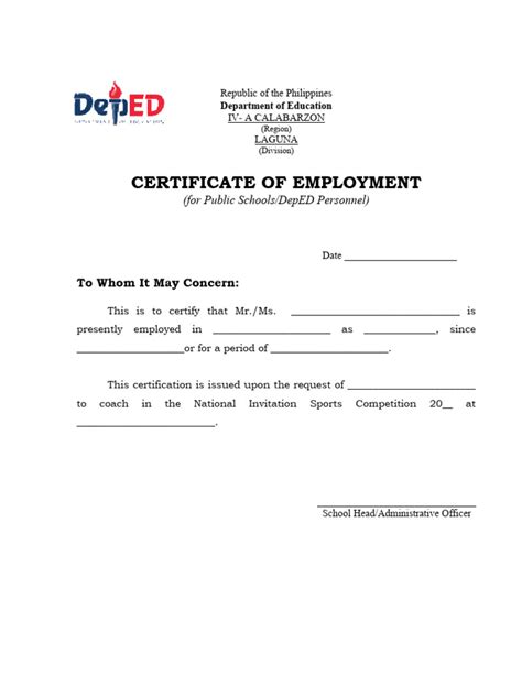 Cerificate Of Employment Deped Personnel Pdf