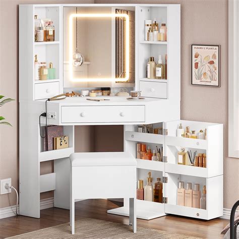 Bthfst Corner Vanity Desk With Lights And Charging Station Makeup Vanity With Lights Vanity