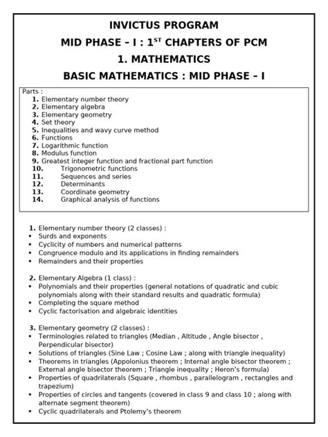 Invictus Basic Maths Program Outline Pdf Trigonometric Functions
