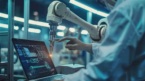 Premium Photo At The Factory Automation Engineer Uses Laptop For Programming Robotic Arm