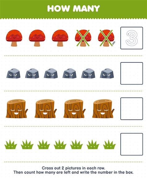 어린이를 위한 교육 게임은 얼마나 많은 귀여운 만화 버섯 돌 나무 통나무 풀을 세고 상자 인쇄 가능한 자연 워크시트에 숫자를 적는가 프리미엄 벡터