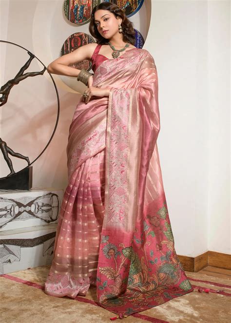 Peach Printed Organza Silk Saree With Embroidery Work Urban Womania