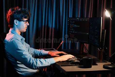Working It Developer Concentrating Online Software At Neon Light Room