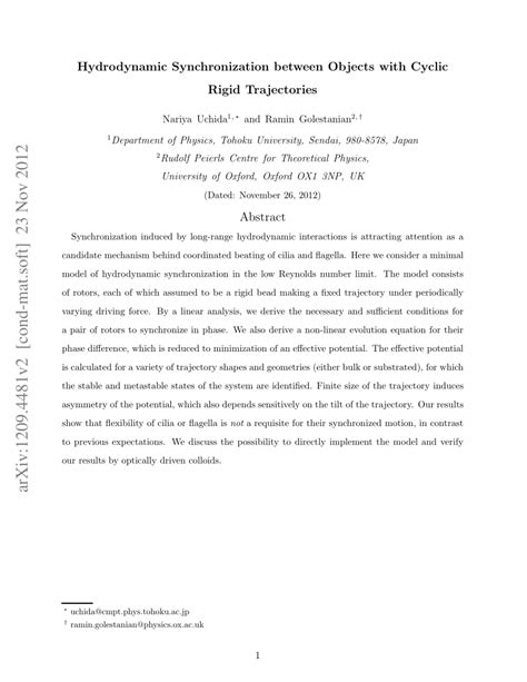 Pdf Hydrodynamic Synchronization Between Objects With Cyclic Rigid