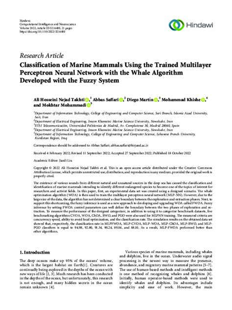 Pdf Classification Of Marine Mammals Using The Trained Multilayer