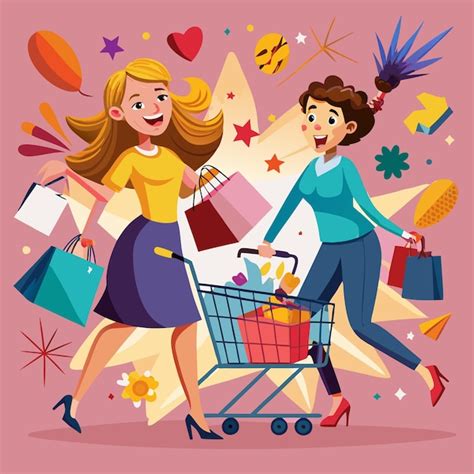 Two Happy Women One Pushing A Shopping Cart Full Of Bags The Other
