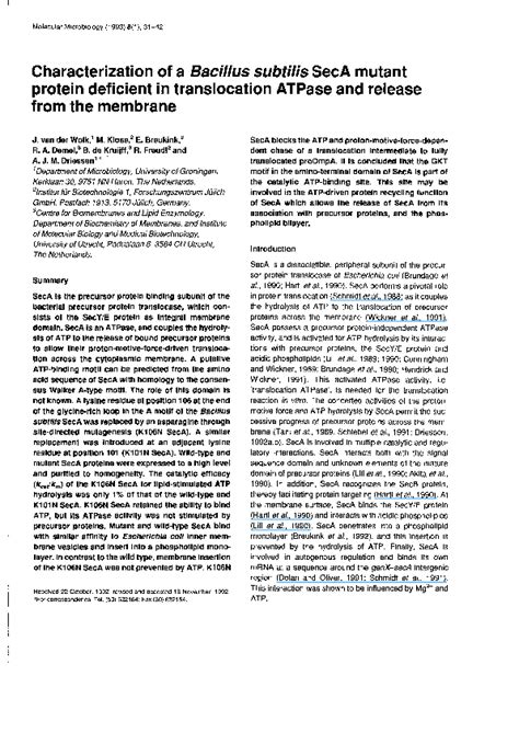 Pdf Characterization Of A Bacillus Subtilis Seca Mutant Protein Deficient In Translocation
