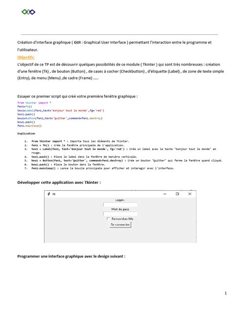 Interface Graphique Avec Tkinter En Python Pdf Informatique Génie
