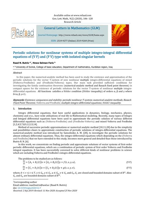 Pdf Periodic Solutions For Nonlinear Systems Of Multiple Integro Integral Differential