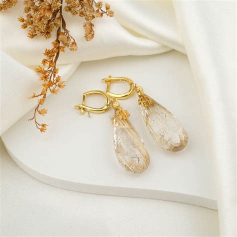 Özel Orijinal Altın Rutil Kuvars Golden Healer Taşı Gold Gümüş Küpe Konya Doğal Taş Evi