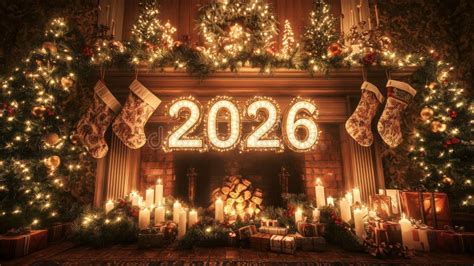Festive Christmas Scene With Illuminated 2026 Display On Fireplace
