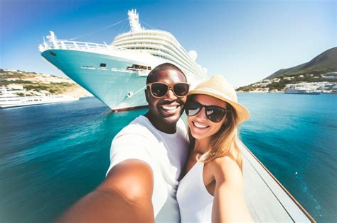 An Interracial Couple Taking A Selfie With A Cruise Ship Behind