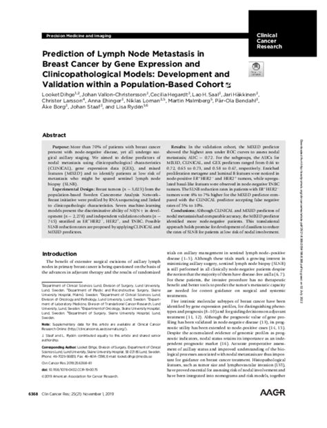 Pdf Prediction Of Lymph Node Metastasis In Breast Cancer By Gene Expression And